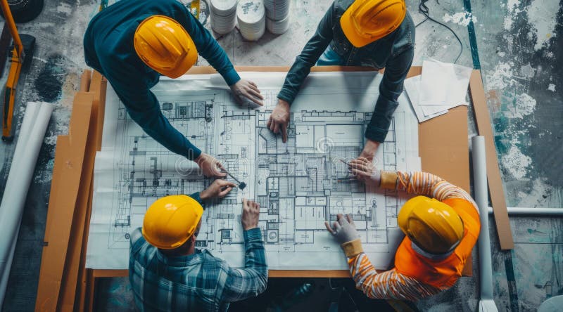 A Group of Construction Workers, Architects and Engineers Working on a ...