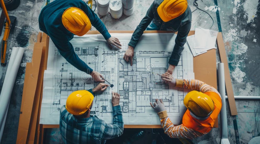 A Group of Construction Workers, Architects and Engineers Working on a ...