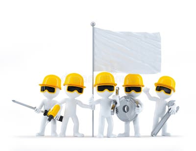Group of Construction Workers/builders with Tools and Blank Flag Stock ...