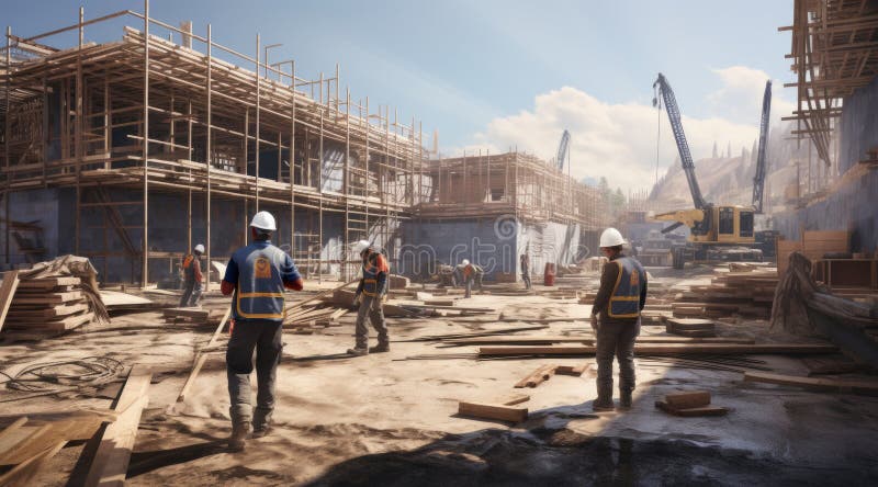 Construction Workers Stand in Front of a Building Being Built Stock ...