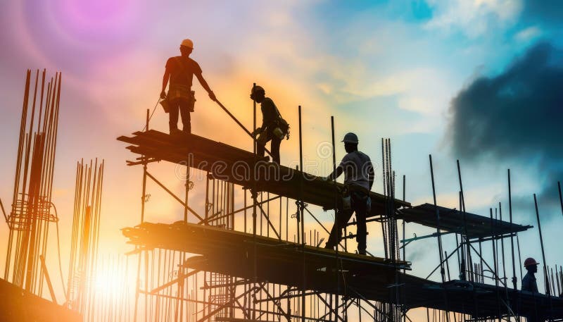 A Group of Construction Workers is Constructing a Scaffold Framework on ...