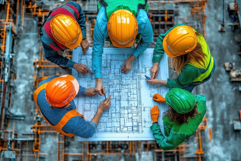 A Group of Construction Workers in Hard Hats Gather Around a Blueprint ...