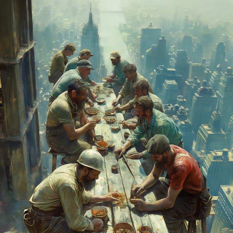 A Group of Construction Workers Have Lunch while Sitting on a Beam High ...