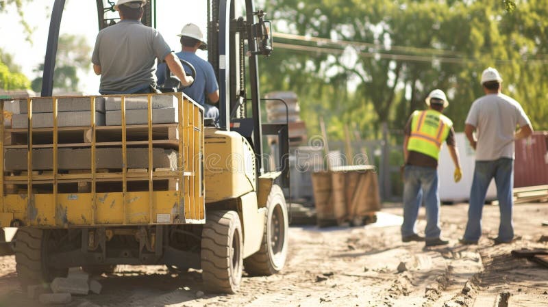 A Group of Construction Workers Maneuver a Forklift Carefully Lifting ...