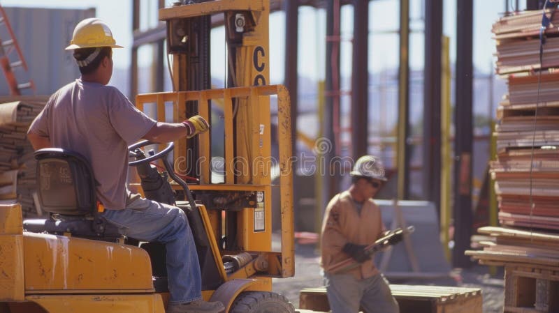 A Group of Construction Workers Maneuver a Forklift Carefully Lifting ...