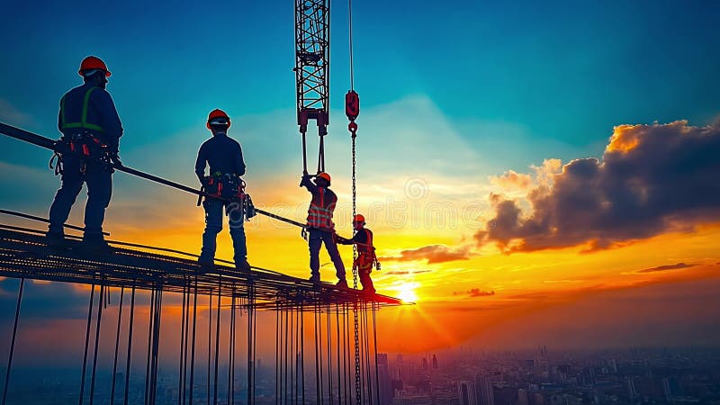 Construction Workers at Sunset on a High-rise Building in an Urban ...