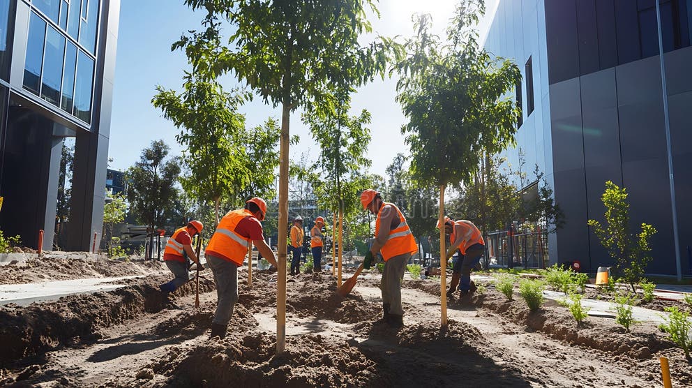A Group of Construction Workers Planting Trees Stock Illustration ...