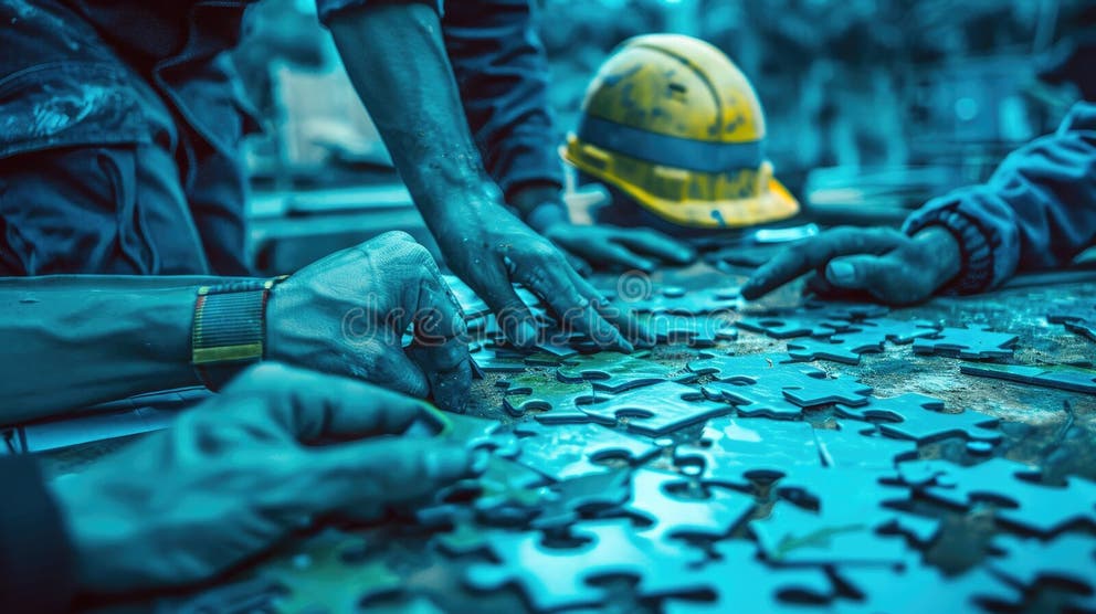 A Group of Construction Workers Putting Together a Puzzle AIG535 Stock ...