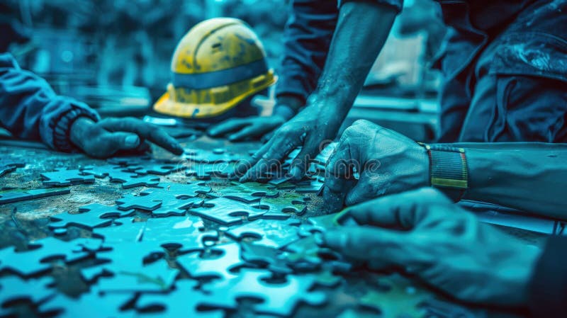 A Group of Construction Workers Putting Together a Puzzle AIG535 Stock ...
