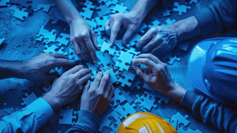 A Group of Construction Workers are Putting Together a Puzzle AIG535 ...