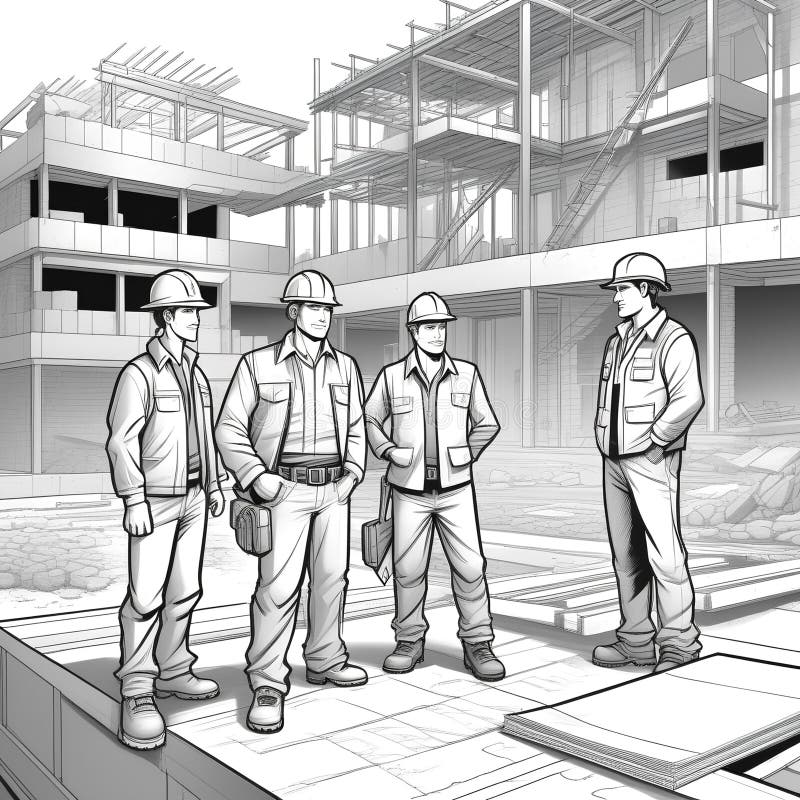 Group of Construction Workers in Safety Gear at a Construction Site. Colorful, Stylized Stock ...