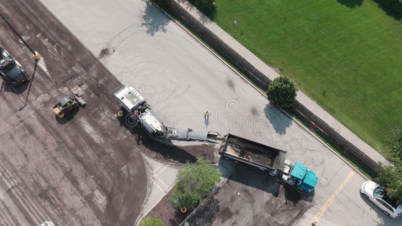 Group of Construction Workers Shredded Old Asphalt on Parking Lot and ...