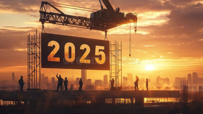 Construction Workers at Sunset Lifting 2025 Sign Stock Illustration ...