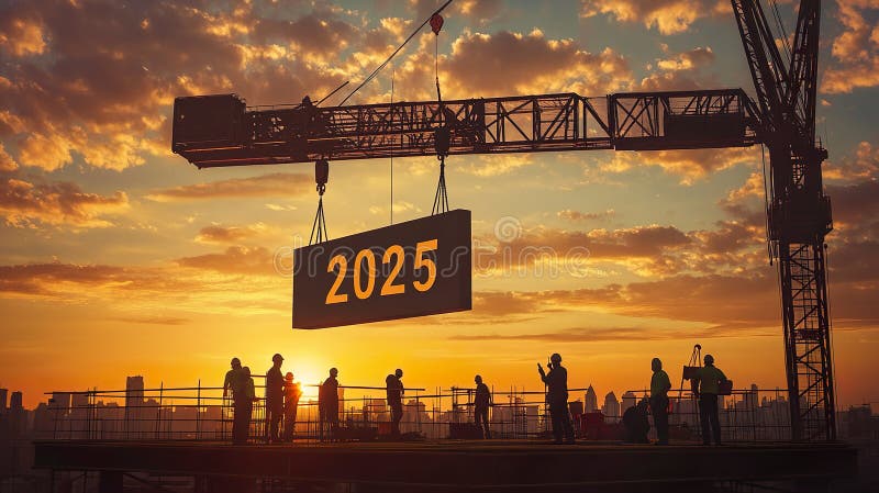 Construction Workers at Sunset Lifting 2025 Sign Stock Photo - Image of ...