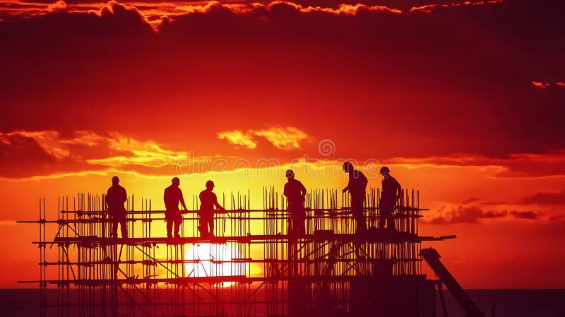 A Group of Construction Workers Silhouetted on Scaffolding during a ...