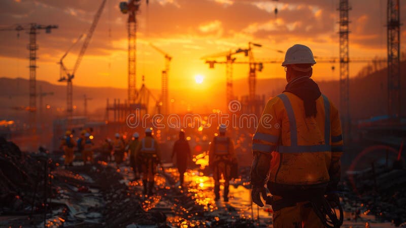 A Group of Construction Workers Stand in Silhouette Against a Vibrant ...