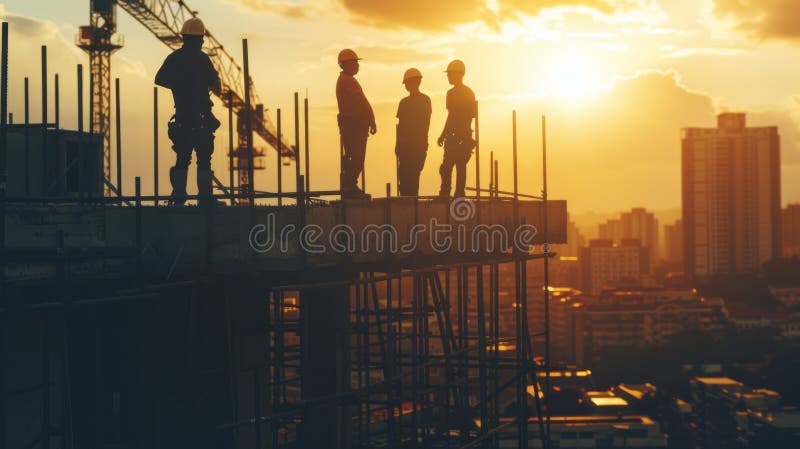 A Group of Construction Workers are Standing on a Scaffold Overlooking ...