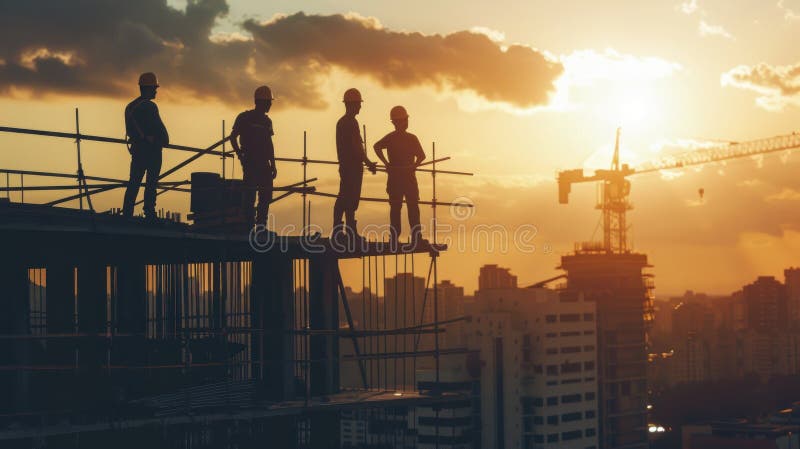 A Group of Construction Workers are Standing on a Scaffold Overlooking ...