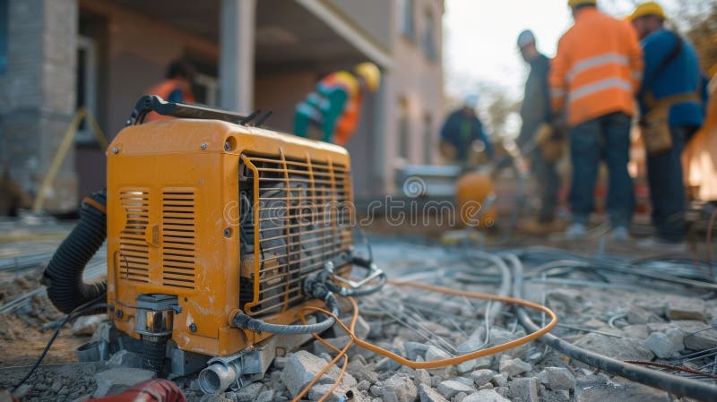 Group Construction Workers Using Portable Gas Generator To Power Their ...