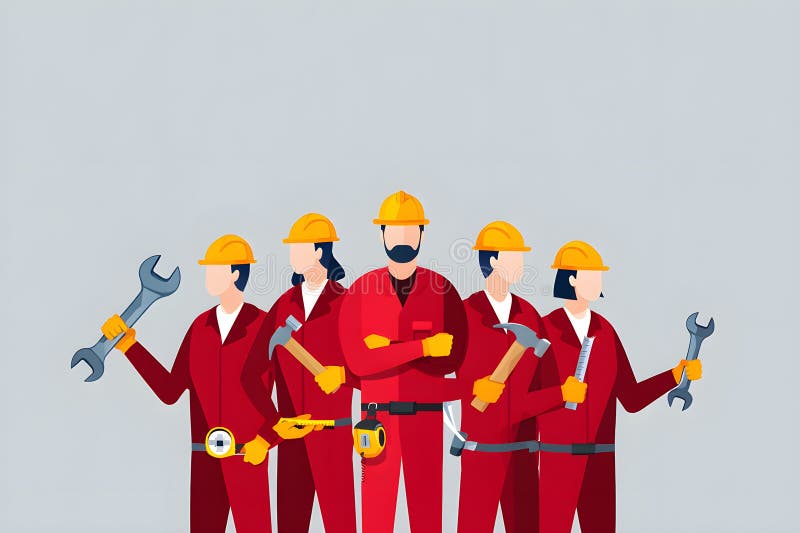 Team of Construction Workers in Red Workwear an Yellow Helmets. Vector ...
