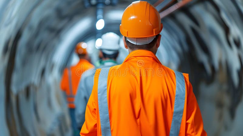 Construction Team Walking Inside the Tunnel, Worker Wearing Helmet and ...