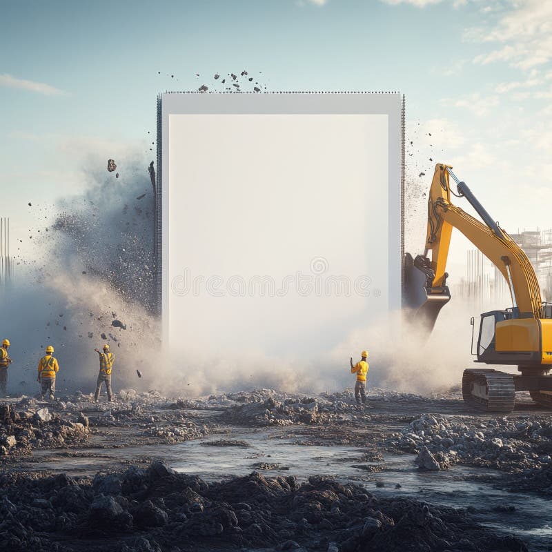A Group of Construction Workers are Working on a Large White Sign Stock ...