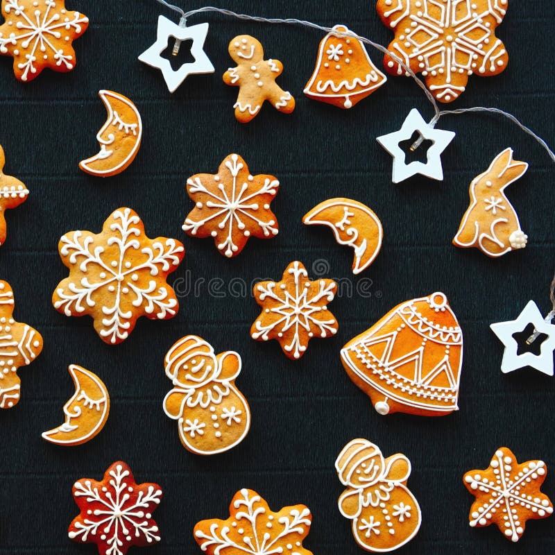 Collection Cookies Pine Branch Black Background. Soft Light Stock Photo ...