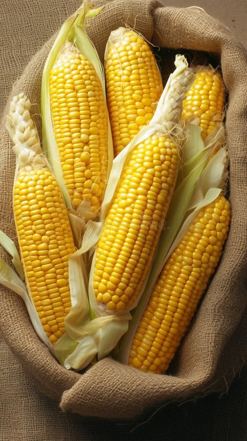 Group of Corn on a Brown Cloth Bag, Side View Stock Illustration ...