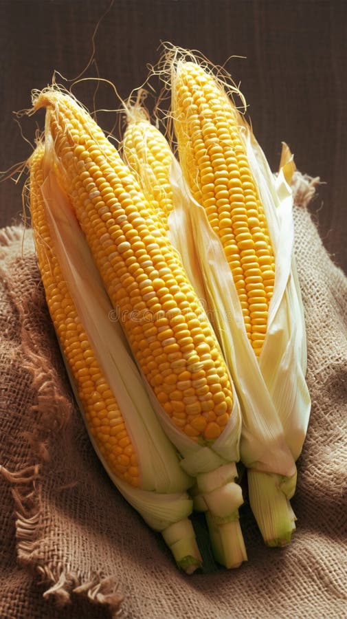 Group of Corn on a Brown Cloth Bag, Side View Stock Illustration ...