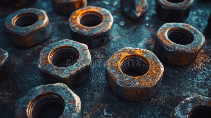 A Group of Corroded Hex Nuts on an Aged Metal Surface Stock Photo ...