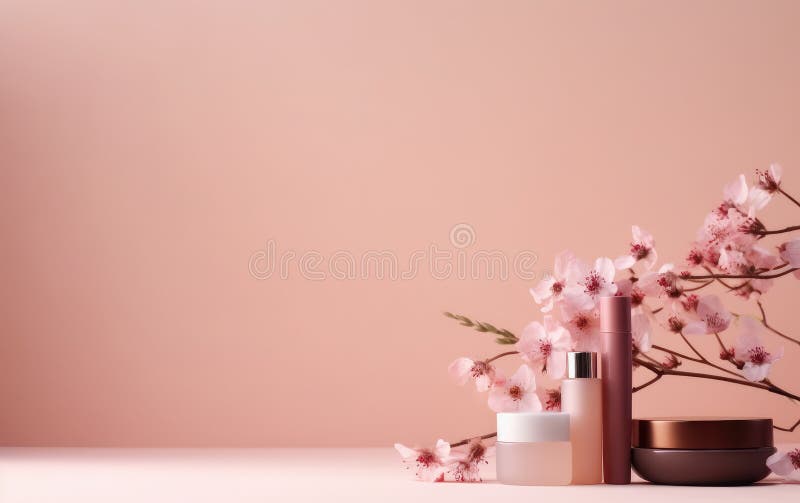 A Group of Cosmetics on a Table. Peach Background. Stock Photo - Image ...