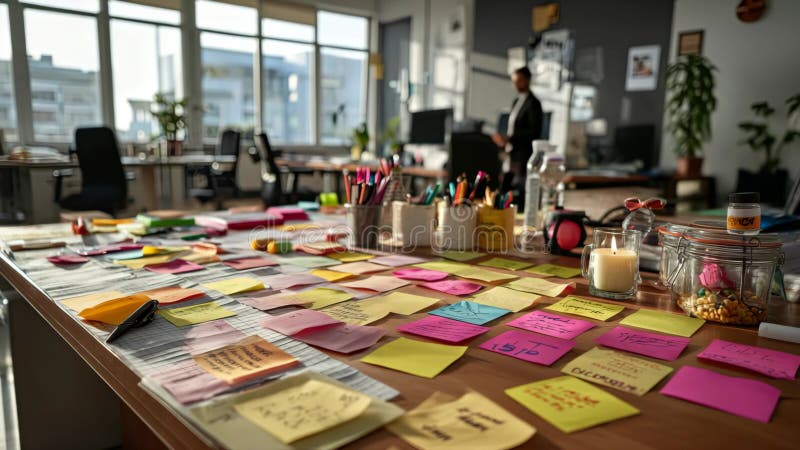 A Group of Coworkers Stands in Front of a Large Wall Filled with Sticky ...