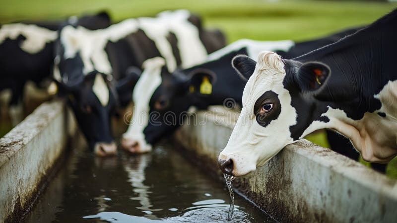 A Group of Cows Drinking Water from a Trough Stock Photo - Image of ...