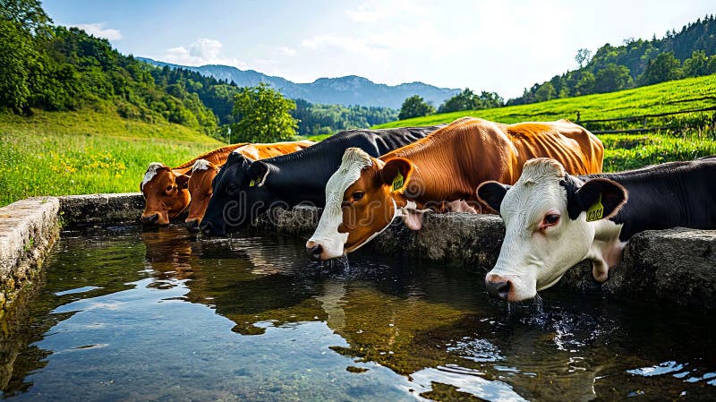 A Group of Cows Drinking Water from a Trough in a Field Stock Illustration - Illustration of ...