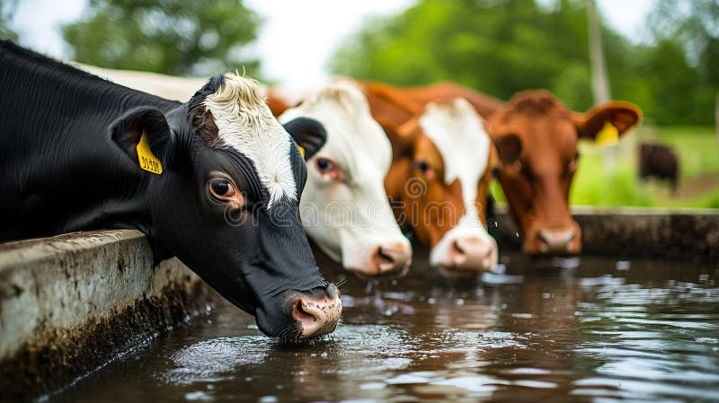 A Group of Cows Drinking Water from a Trough Stock Photo - Image of ...