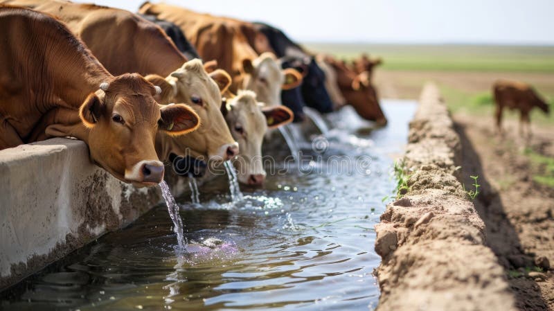 A Group of Cows Gathered Around a Watering Trough Happily Drinking from ...