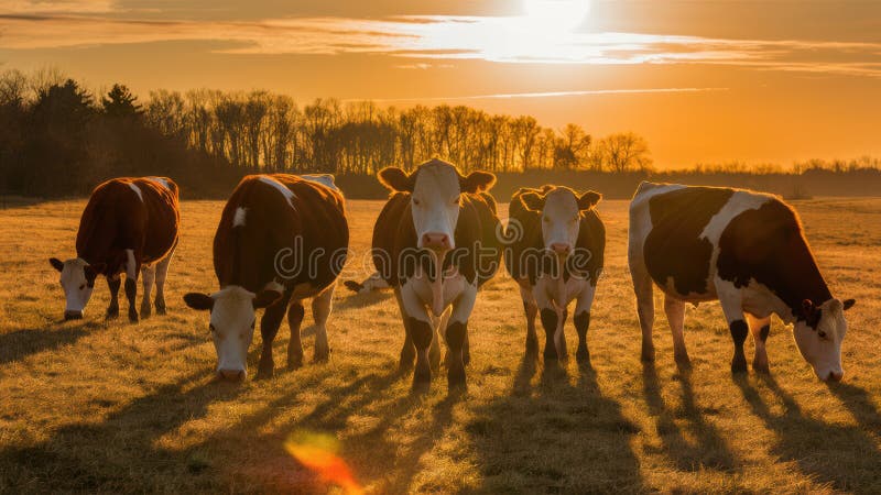 A Group of Cows Standing in a Field during Sunset, AI Stock Photo ...