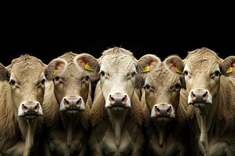 A Group of Cows Standing Next To Each Other in a Row Stock Photo ...