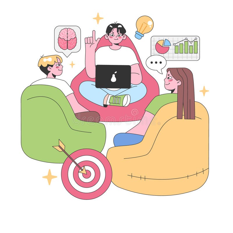 A Group in a Cozy Brainstorming Session. Flat Vector Illustration Stock ...