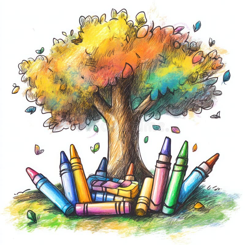 A Group of Crayons Having a Picnic Under a Scribbled Tree, Doodle Art ...