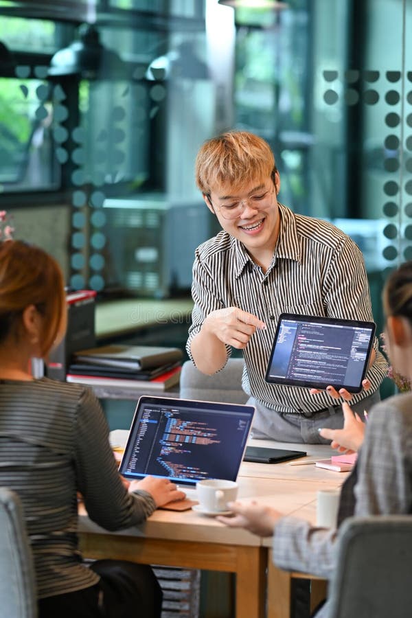 Creative Software Development Team Brainstorming, Working with Coded Data in Corporate Office ...