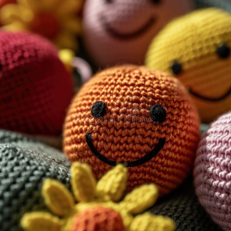 A Group of Crocheted Balls with Smiley Faces and Flowers, AI Stock ...