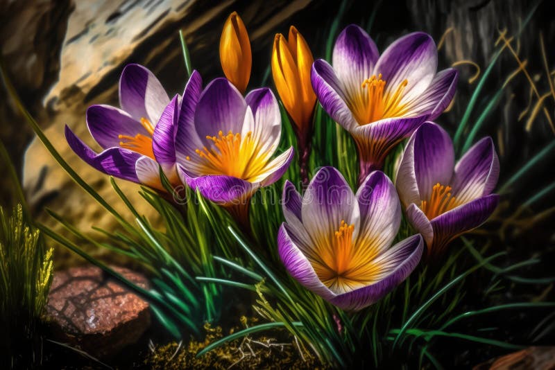 Group of Crocus Blooming in Natural Setting, Surrounded by Greenery ...