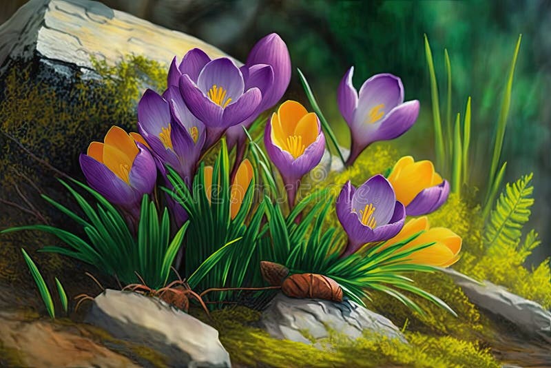 Group of Crocus Blooming in Natural Setting, Surrounded by Greenery ...