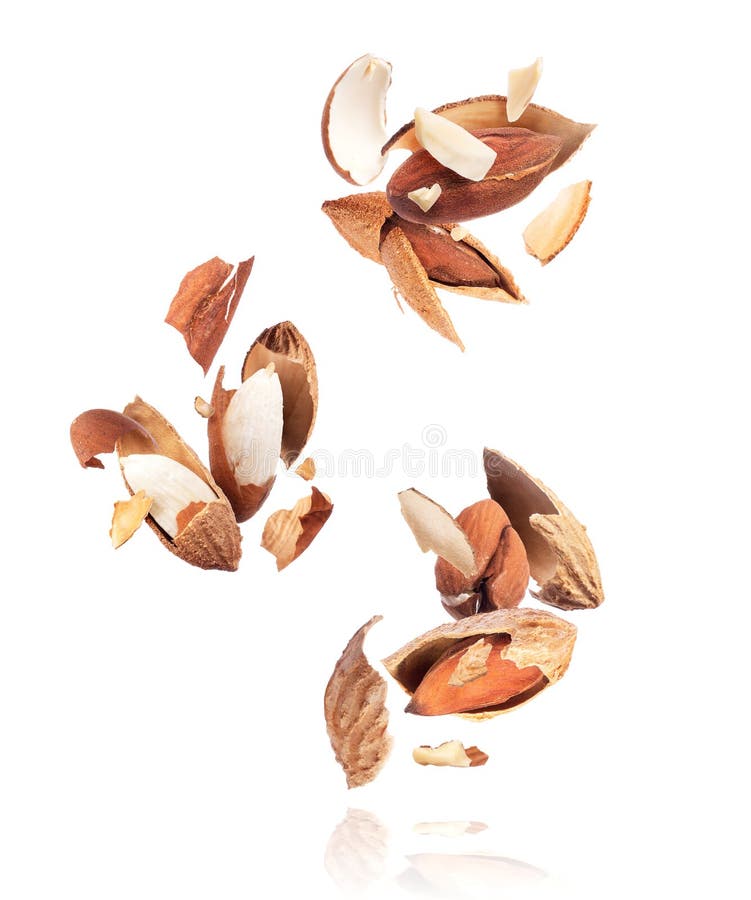 Crushed Almonds in the Air into Many Pieces Isolated on White ...