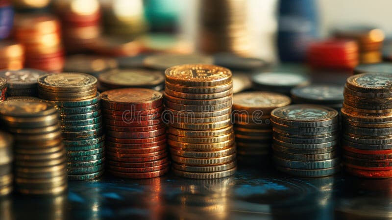 Group of Cryptocurrency Tokens Stacked on a Table for Display Stock ...
