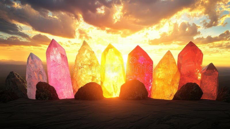 A Group of Crystals in Various Colors Stand on a Rocky Surface ...