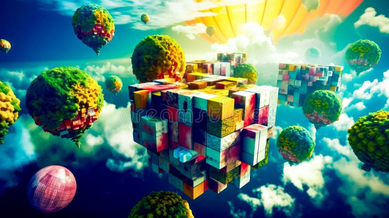 Group of Cubes Floating in the Air with Clouds and Sun in the ...