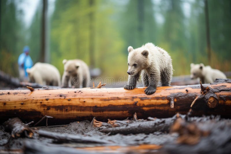 Group of Cubs Exploring Fallen Log Stock Illustration - Illustration of ...