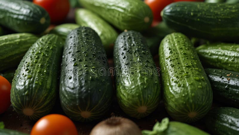 A Group of Cucumbers, Along with Various Other Fresh Vegetables, Neatly ...